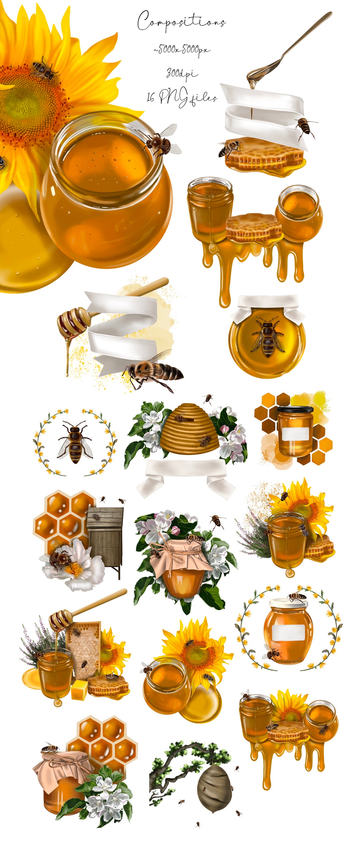 Honey Bee Bundle Watercolor Clipart PNG Honey Pot Honey Jar Summer Farm ...