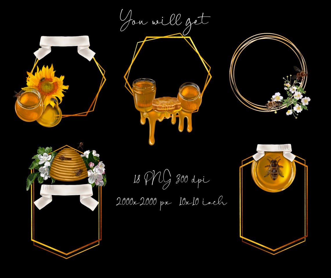 Honey Bee Frames Watercolor Clipart PNG Honey Pot Honey Jar Summer Farm ...