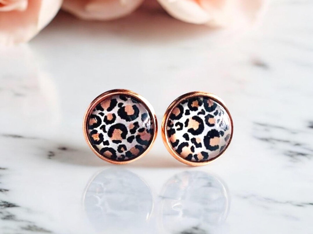 Rose Gold Leopard Print Earrings, Animal Stud Earrings, Leopard ...