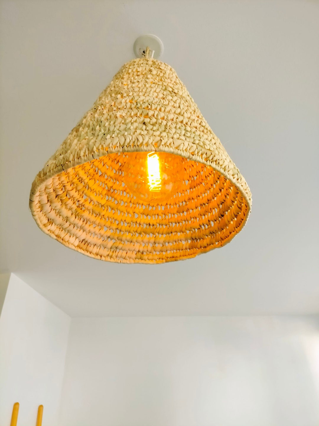 Woven Straw Pendant Light, Boho Pendant Light, Conical Shaped Pendant ...