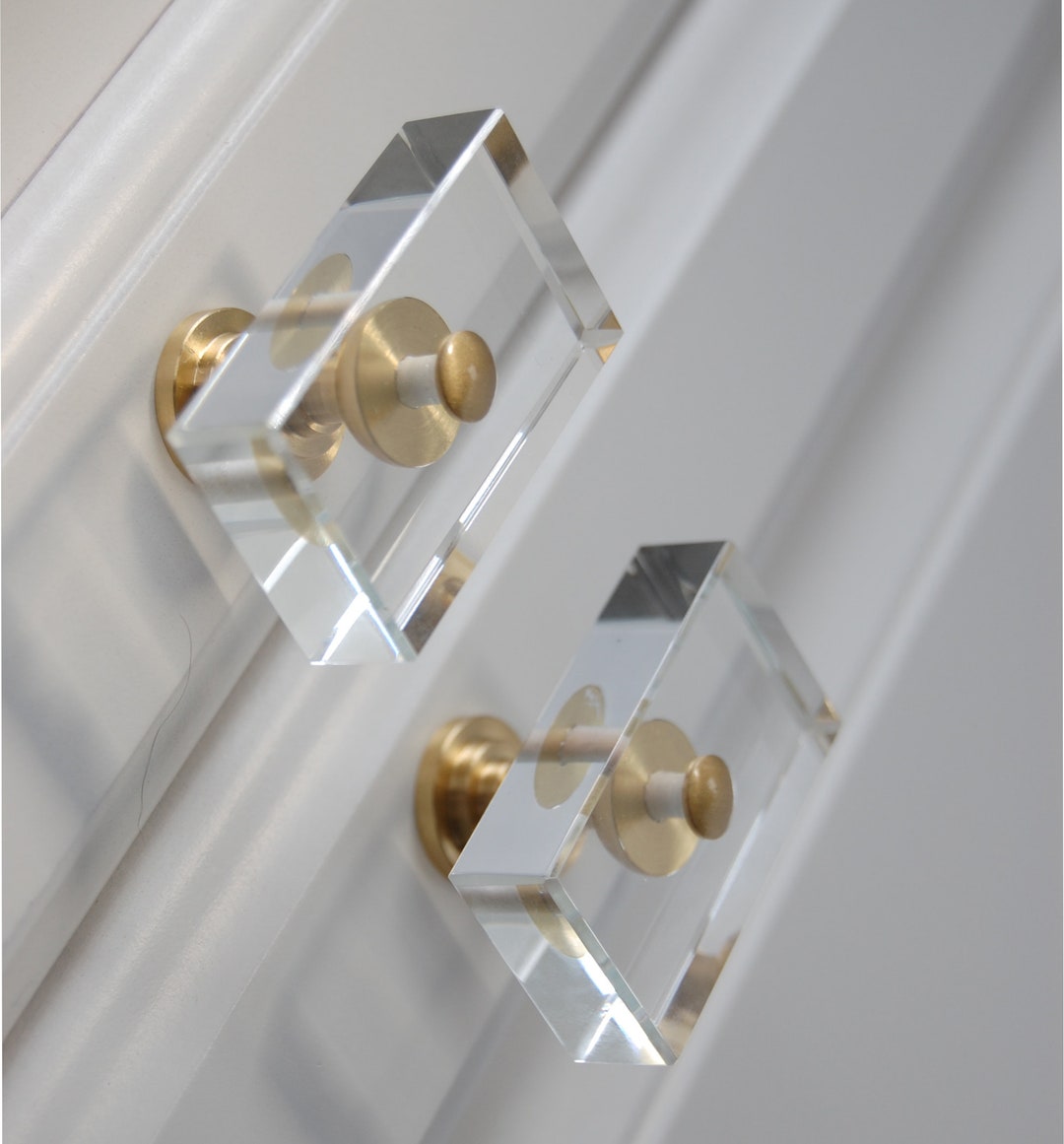 Glass and Brass Drawer Knob, Gold Clear Dresser Knob, Rectangular ...