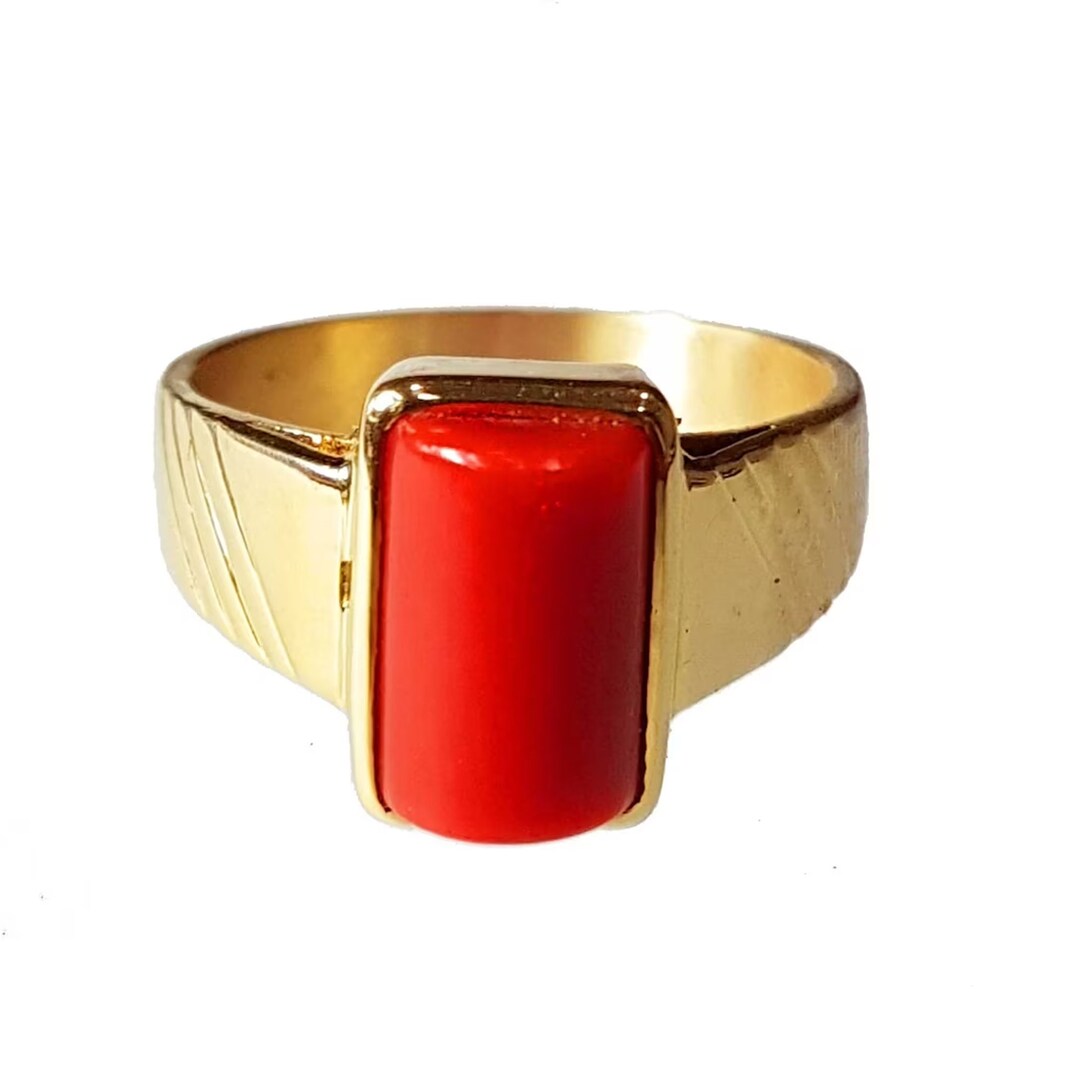 Red Coral Ring, Moonga Ring, in Copper panchdhatu Yellow Gold Plating ...