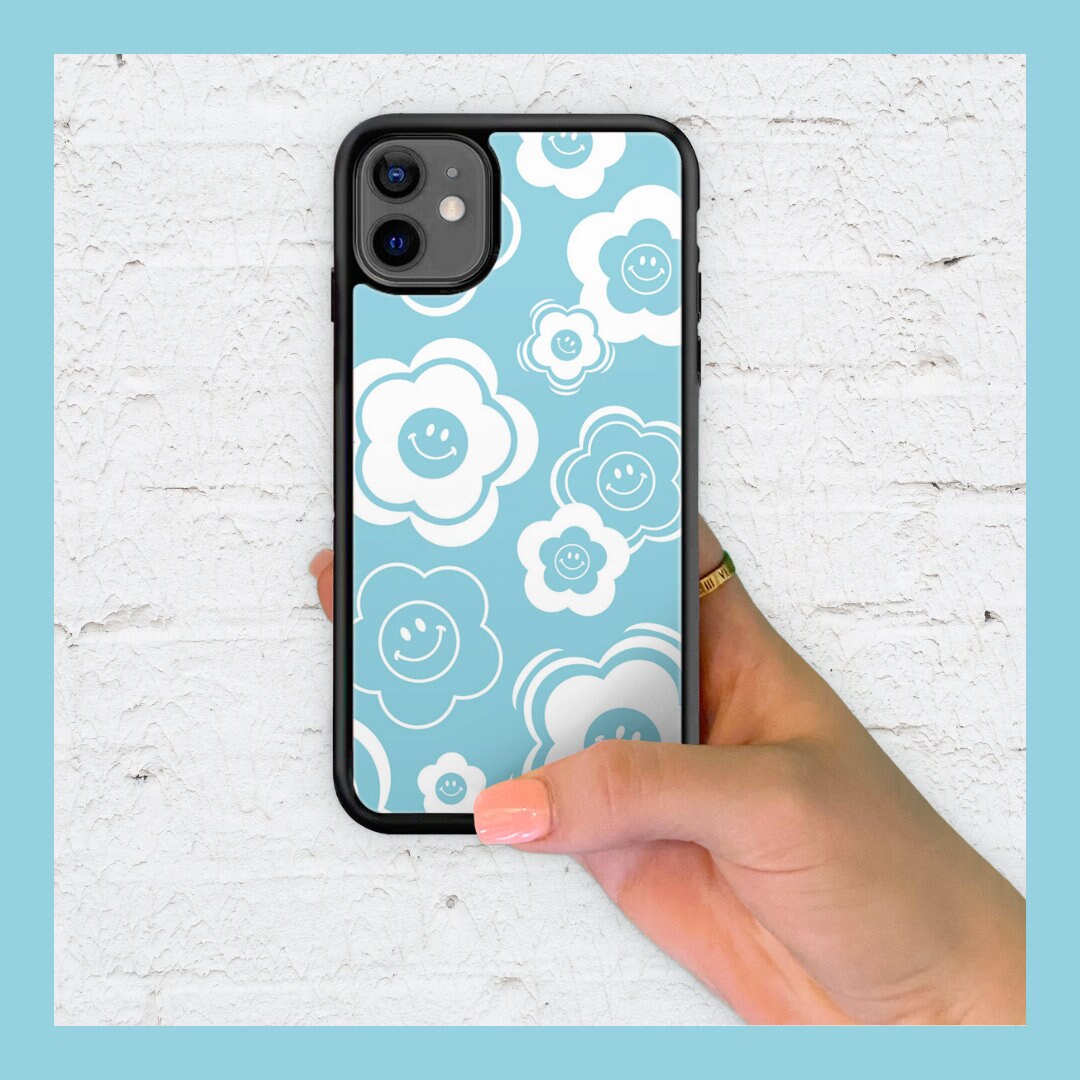 Aesthetic Preppy Phone Case | Retro Smiley Faces | Blue Summer Case for ...