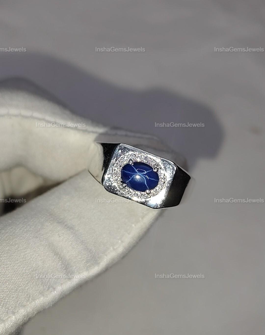 Signet Blue Star Sapphire Ring Solid 92 Sterling Silver Stackable Ring ...