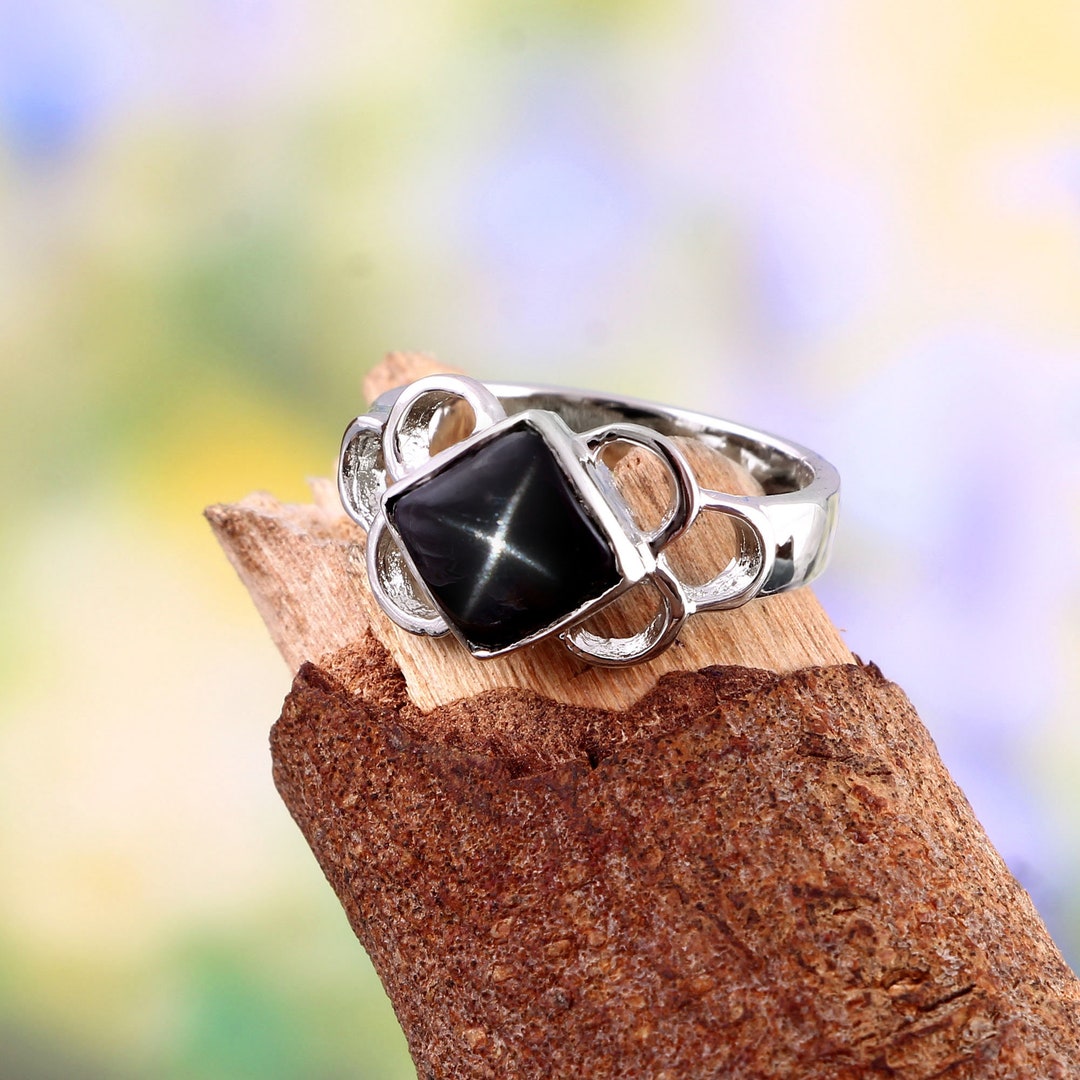 Black Star Sapphire Ring Gemstone Jewelry Gift Her Solid Silver 925 ...