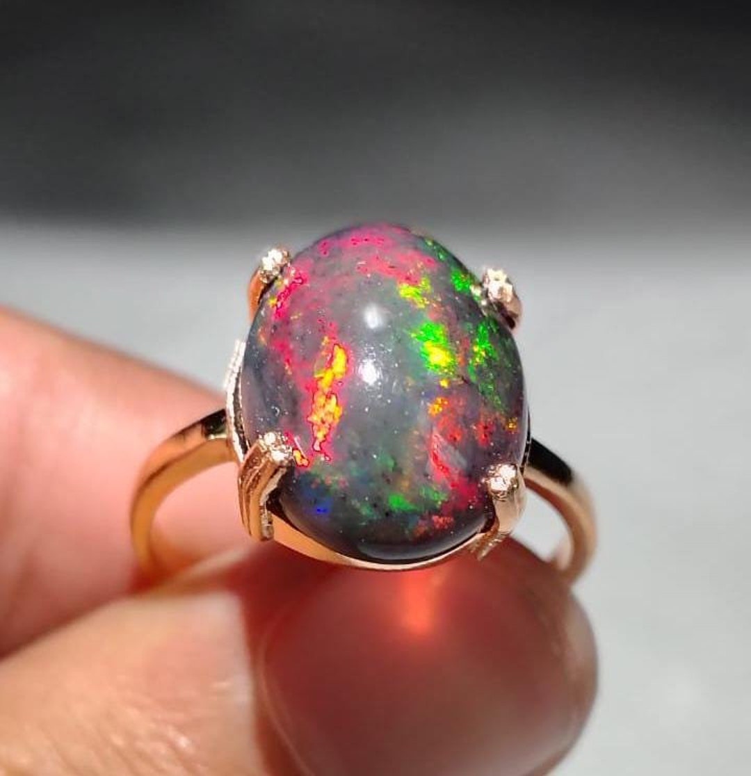Genuine Black Opal Ring 925 Sterling Silver Rose Gold Ring Solitaire ...
