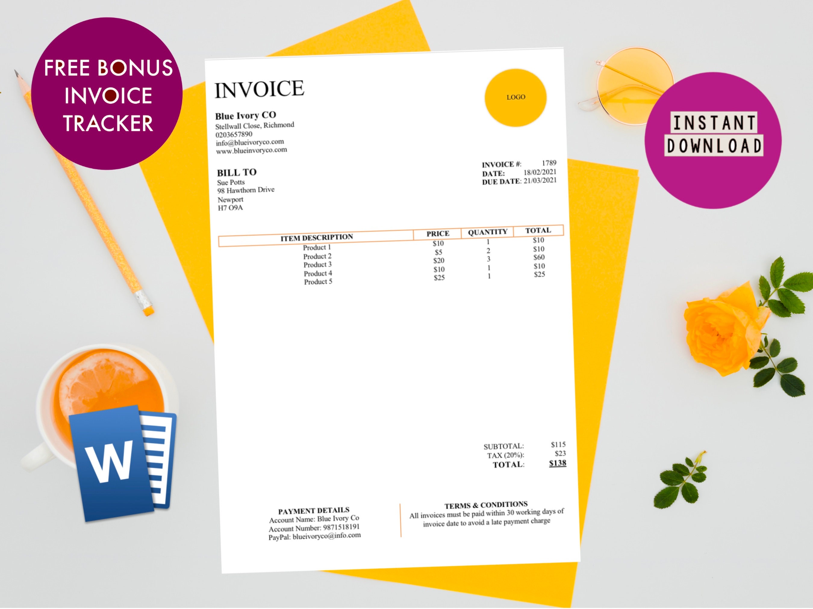 Invoice Template Word printable Invoice Editable Billing Form Word ...