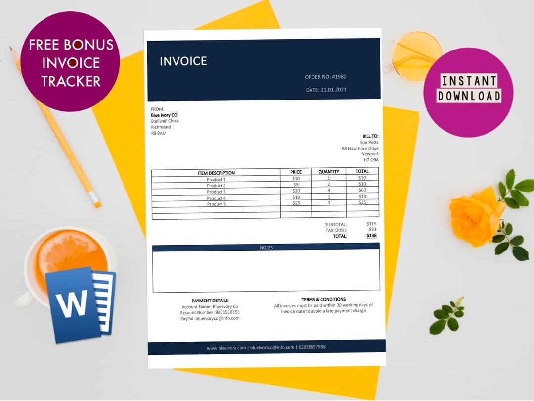 Invoice Template Word printable Invoice Editable Billing Form Word ...