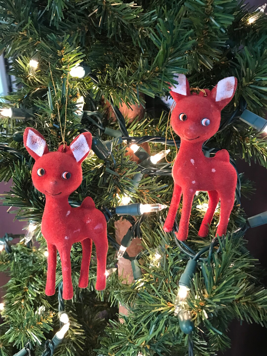 Vintage Red Flocked Reindeer Twins, Ornaments or Figures - Etsy