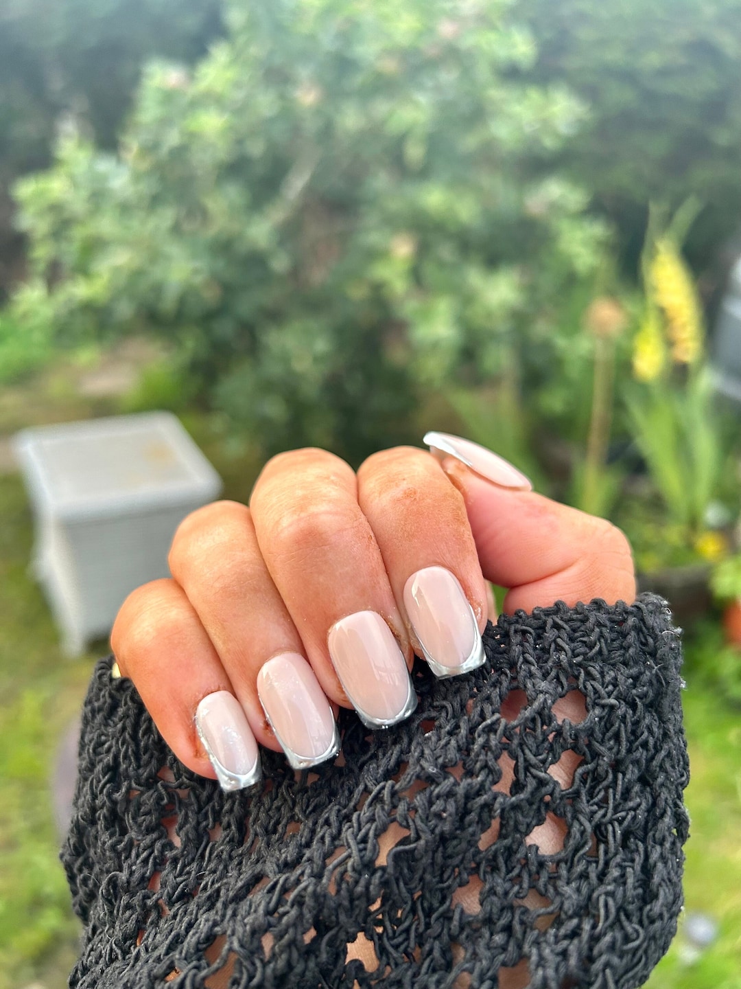 Chrome Silver French Tip Press on Nails: Medium Square, Reusable Gel ...