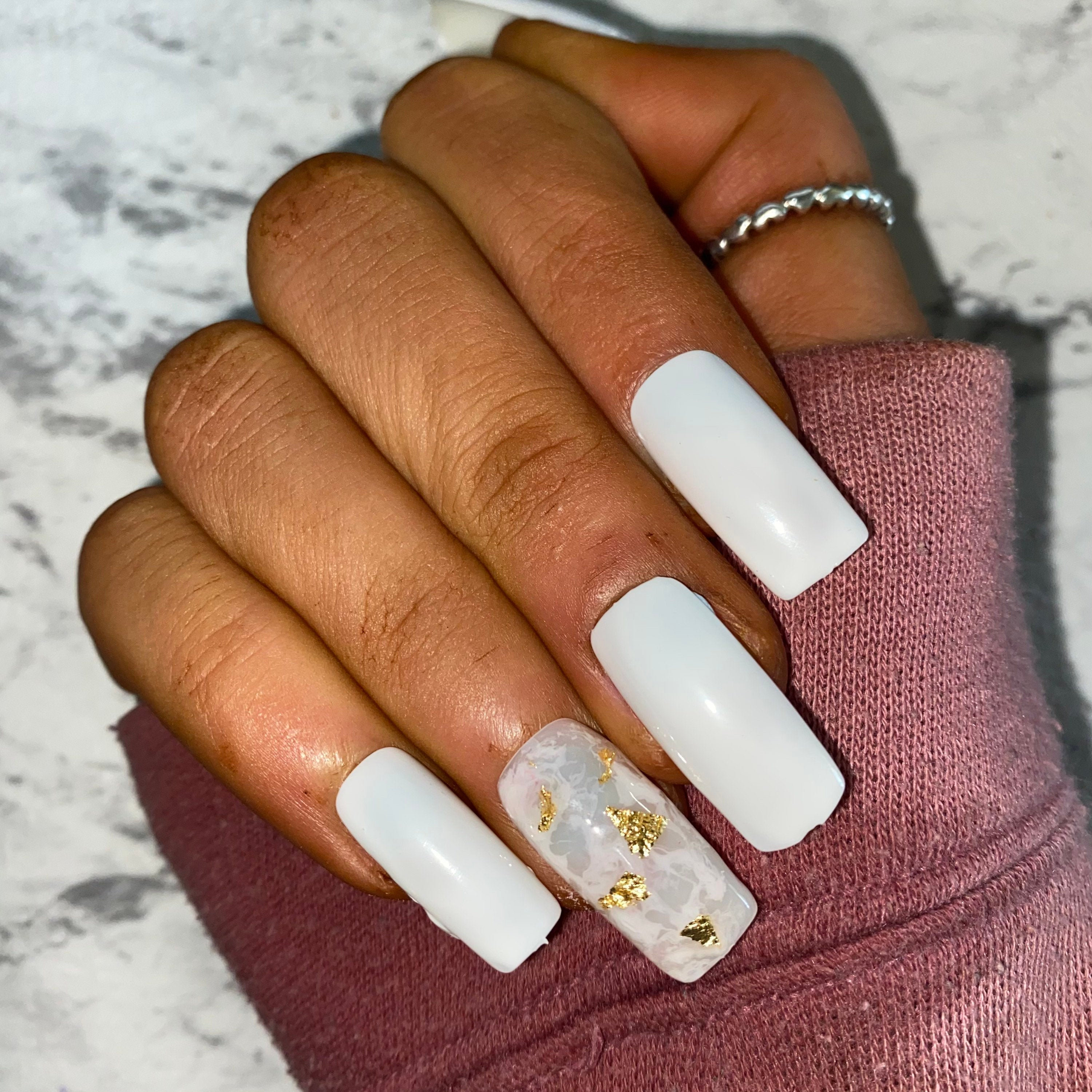 Luxe White Marble With Gold Flakes Gel Nails Custom Press on - Etsy UK