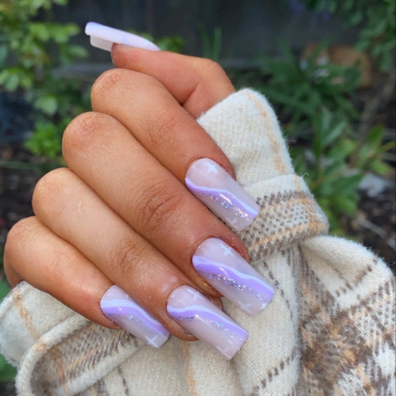 Luxe Purple Glitter Swirl Gel Nails Custom Press On Nails Etsy