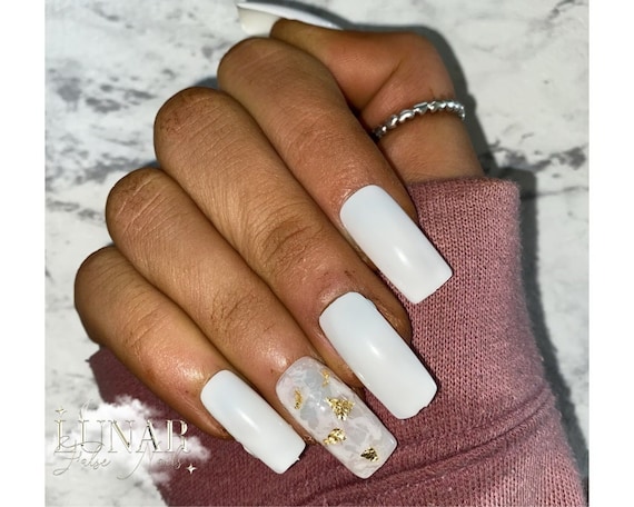 White nails with gold ring finger store