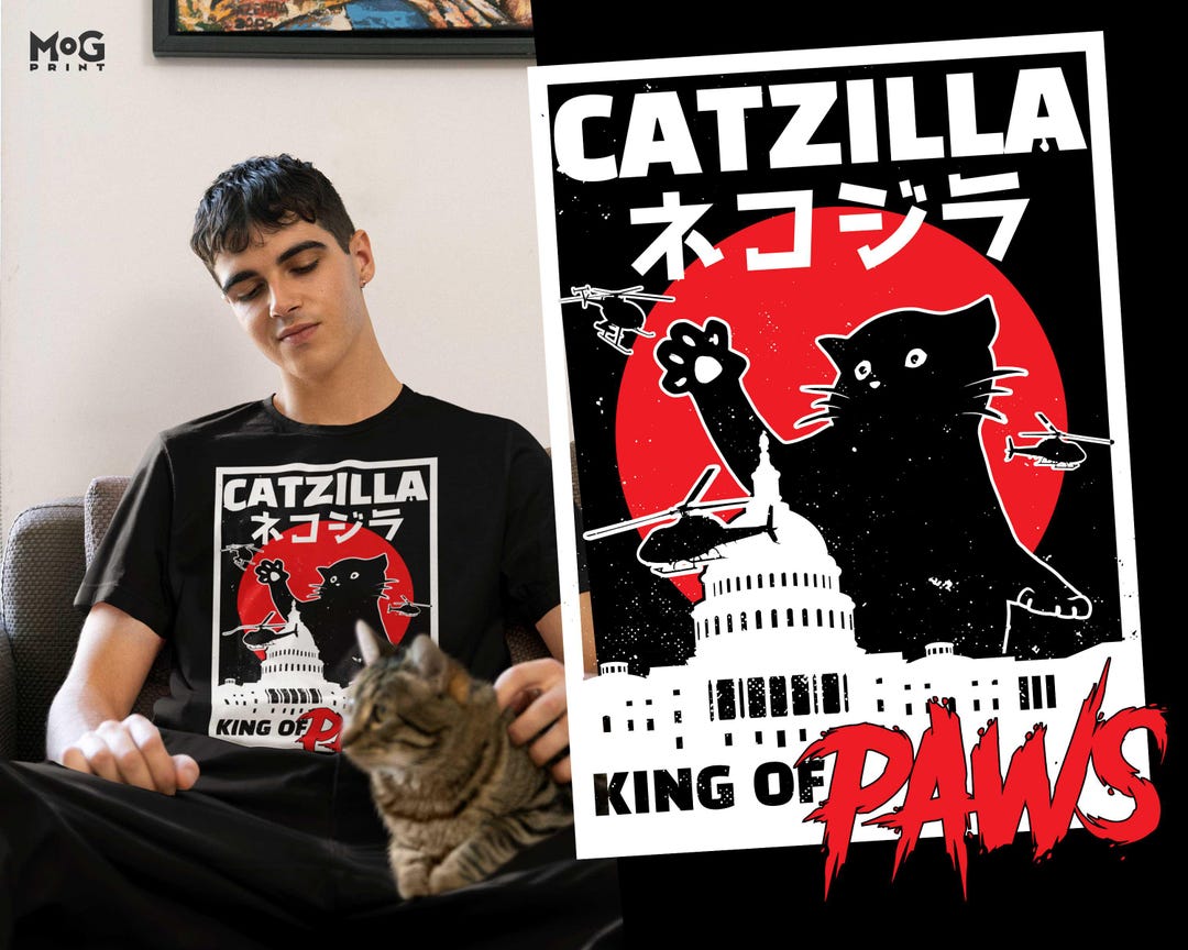 Funny Catzilla Retro Japanese Movie Parody T-shirt, Cat Neko Film Kaiju ...
