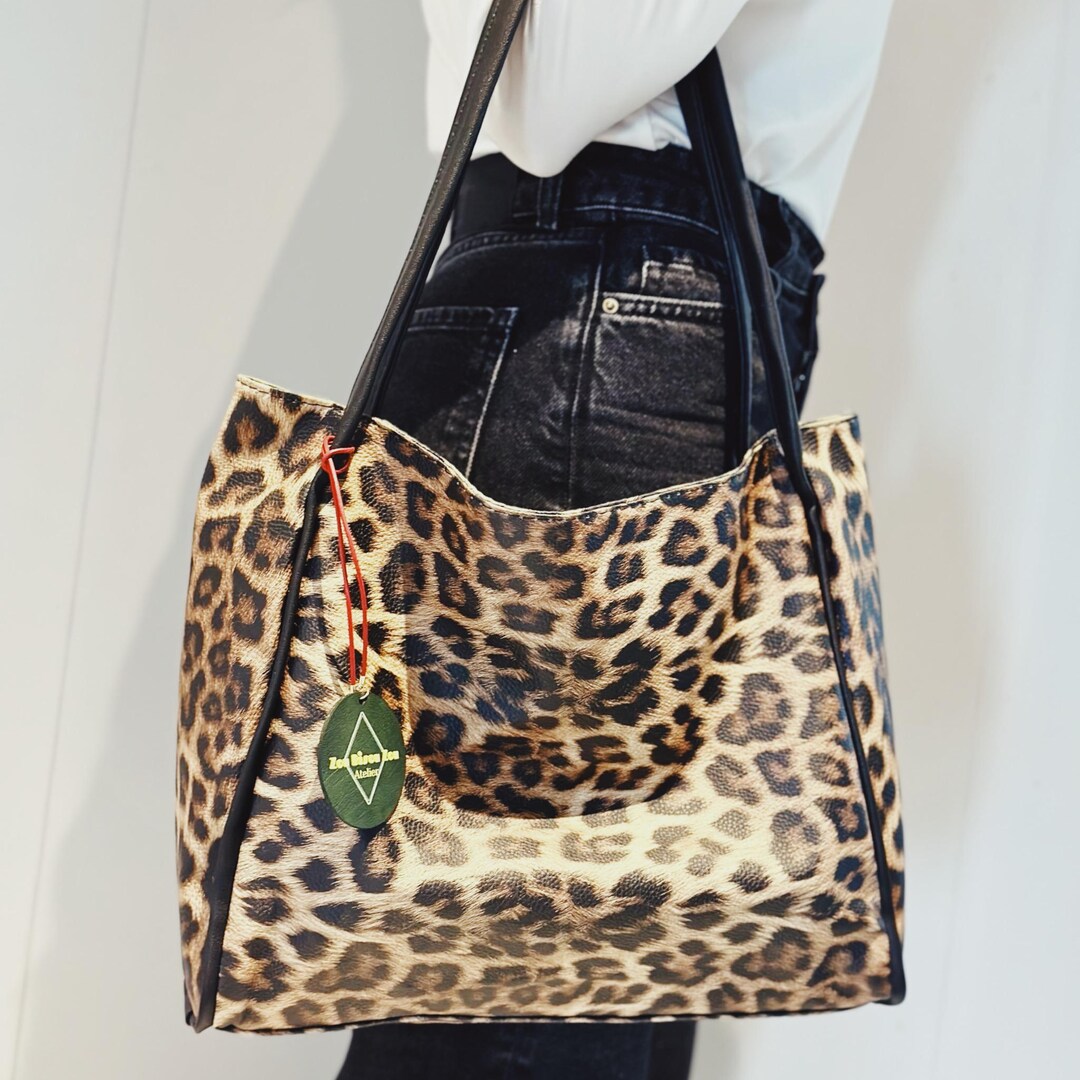 Leopard Print Shoulder Bag, Vegan Leather Tote, Slouchy Everyday Purse ...