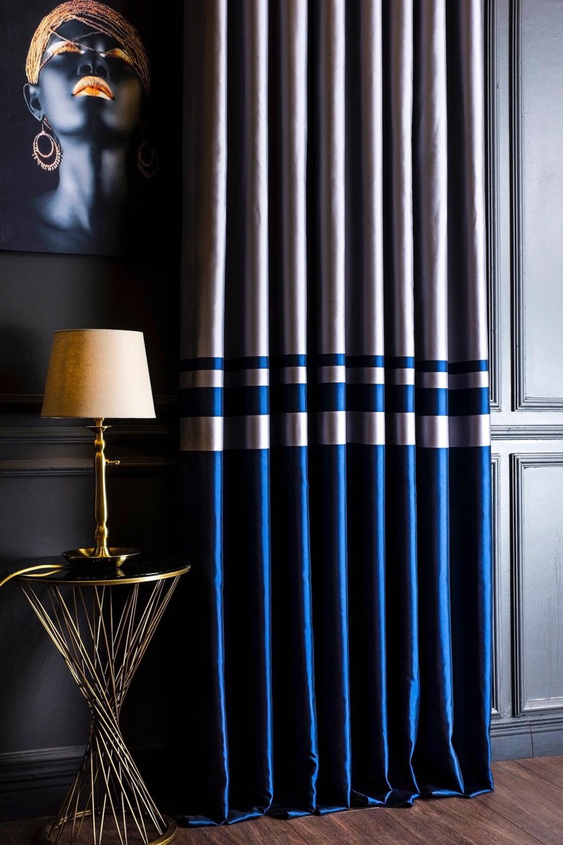 Blue and Gray Striped Curtains, Luxury Fabric Drape, Custom Panel - Etsy