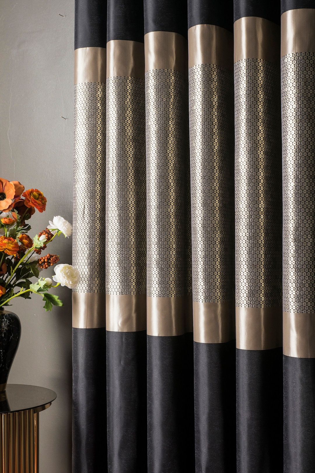 Curtains Panel Patterned Striped Fabric Bedroom Living Room Black Gold ...