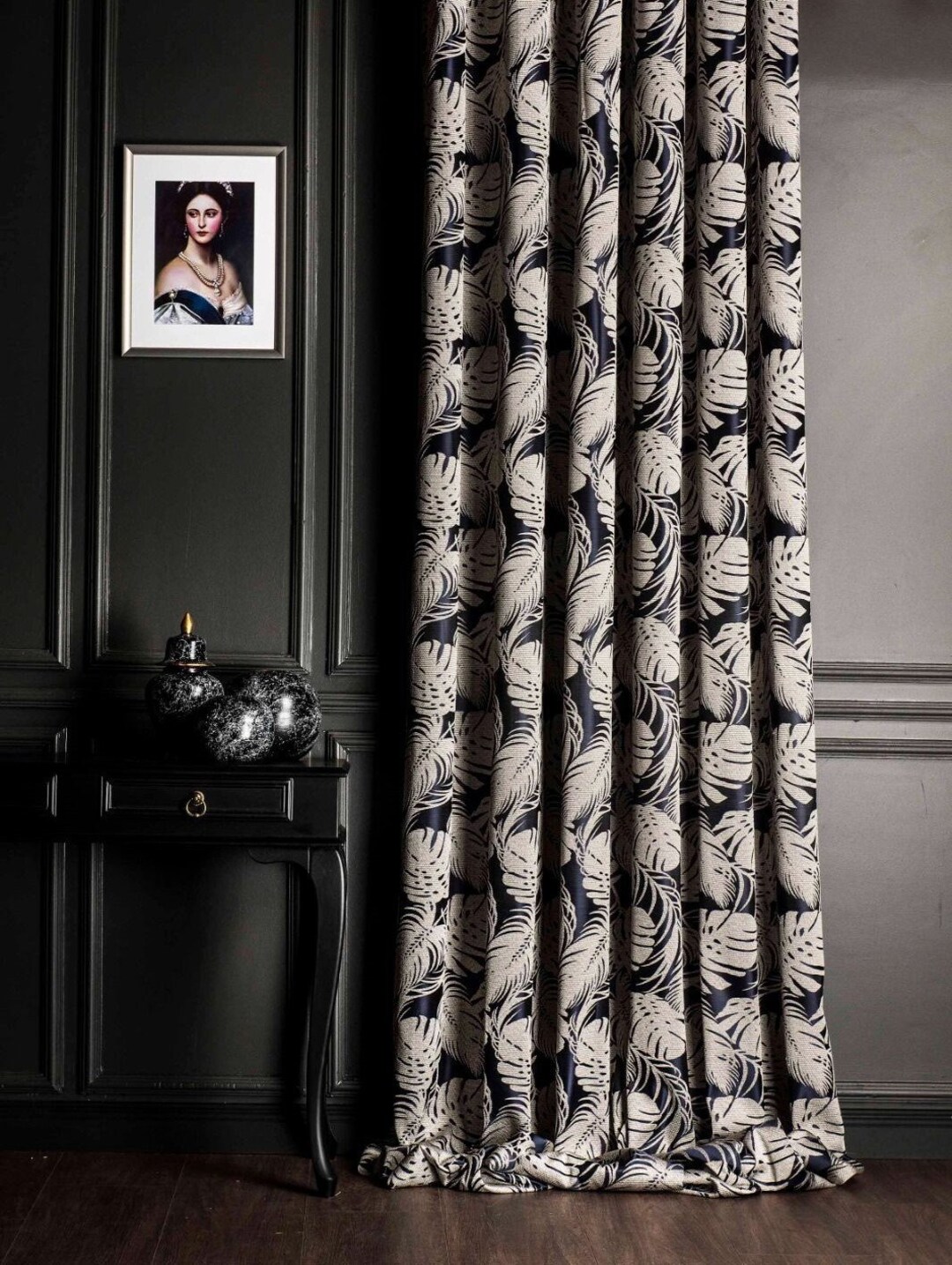 Luxury Navy Blue Leaf Patterned Curtains for Livingroom Bedroom ...