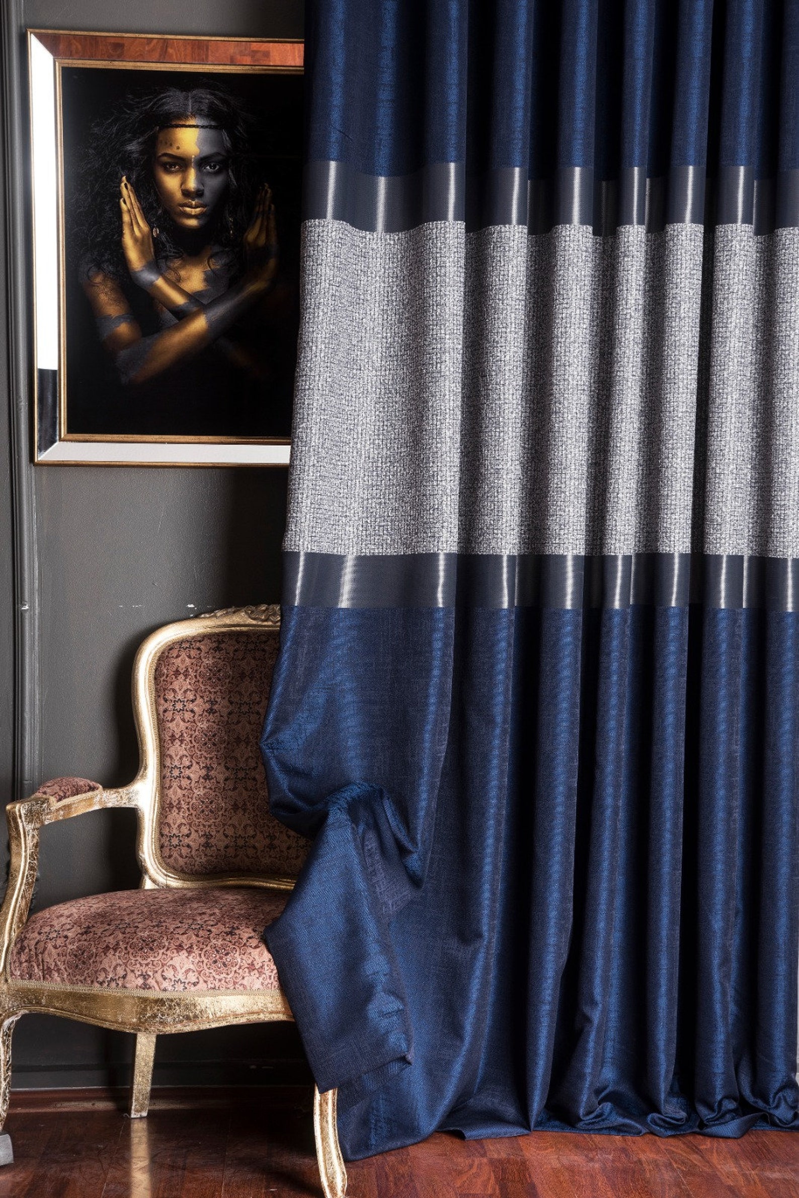 Navy Blue & Gray Textured Curtains – Elegant Drape, Custom Size ...