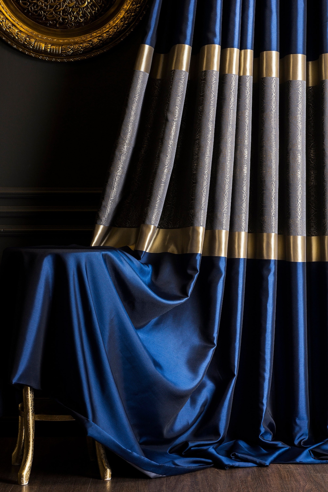 Blue Gold Striped Curtains,luxury Damask Curtains,patterned Curtains ...