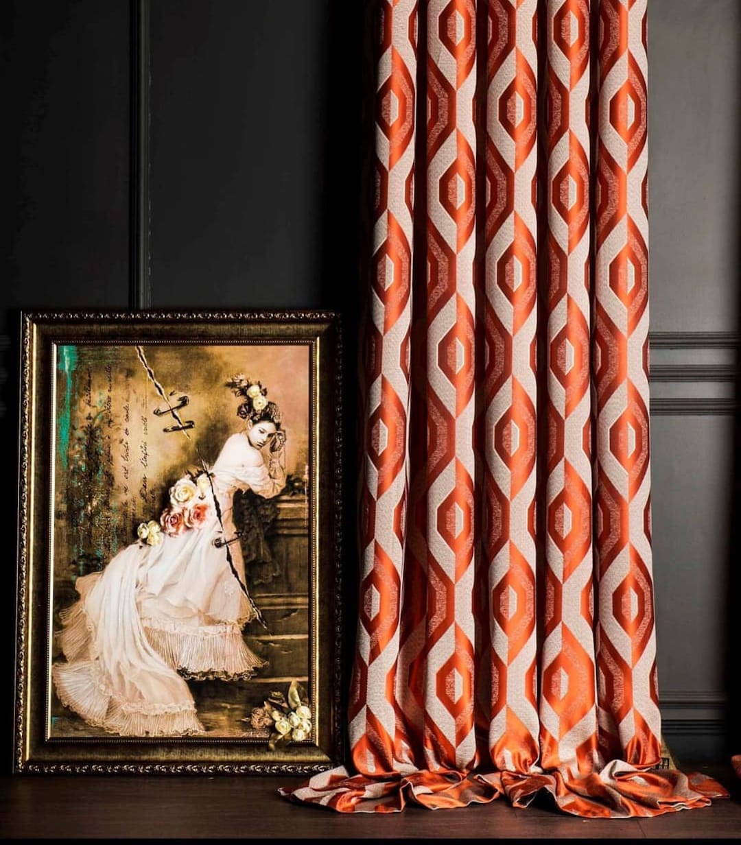 Luxury Orange Beige Navy Patterned Curtains Livingroom Bedroom ...