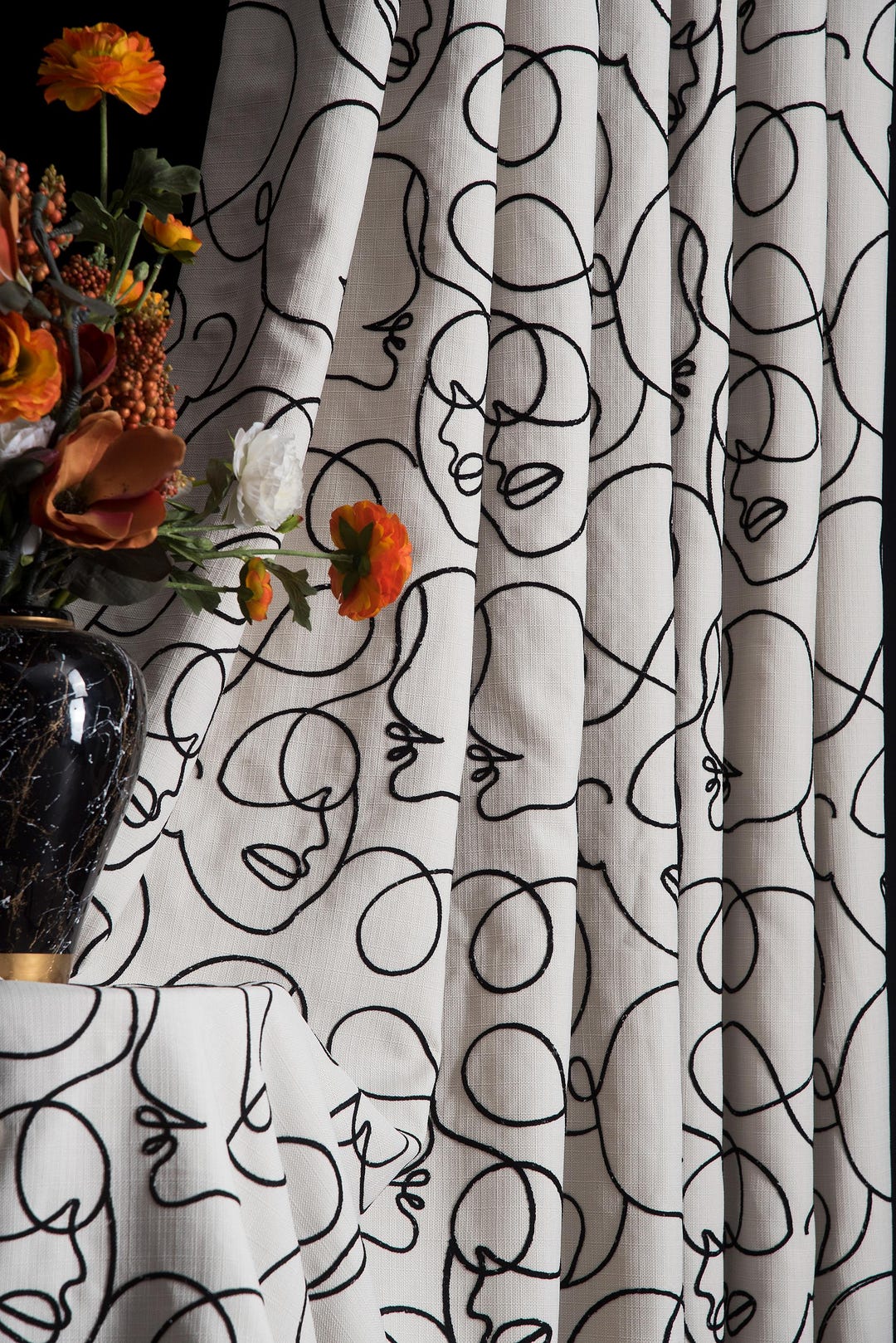 White and Black Embroidered Curtains, Modern Abstract Drapes, Face Line ...