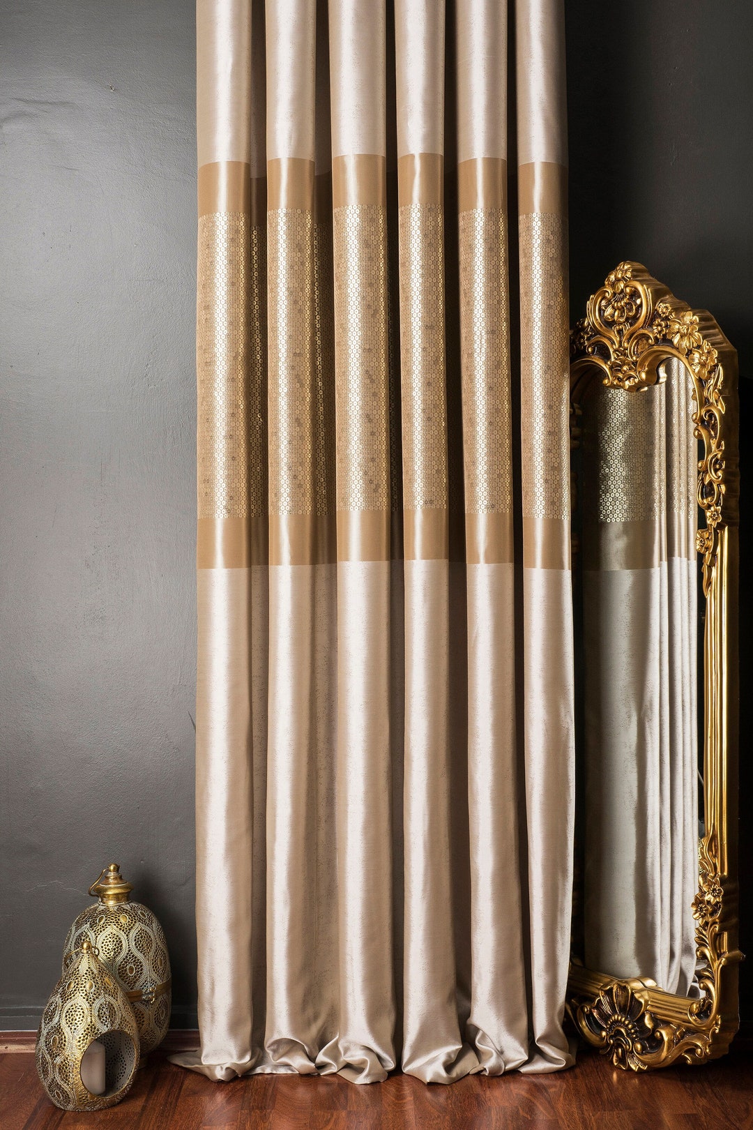 Curtains Panel Patterned Striped Fabric Bedroom Living Room Cream Gold ...