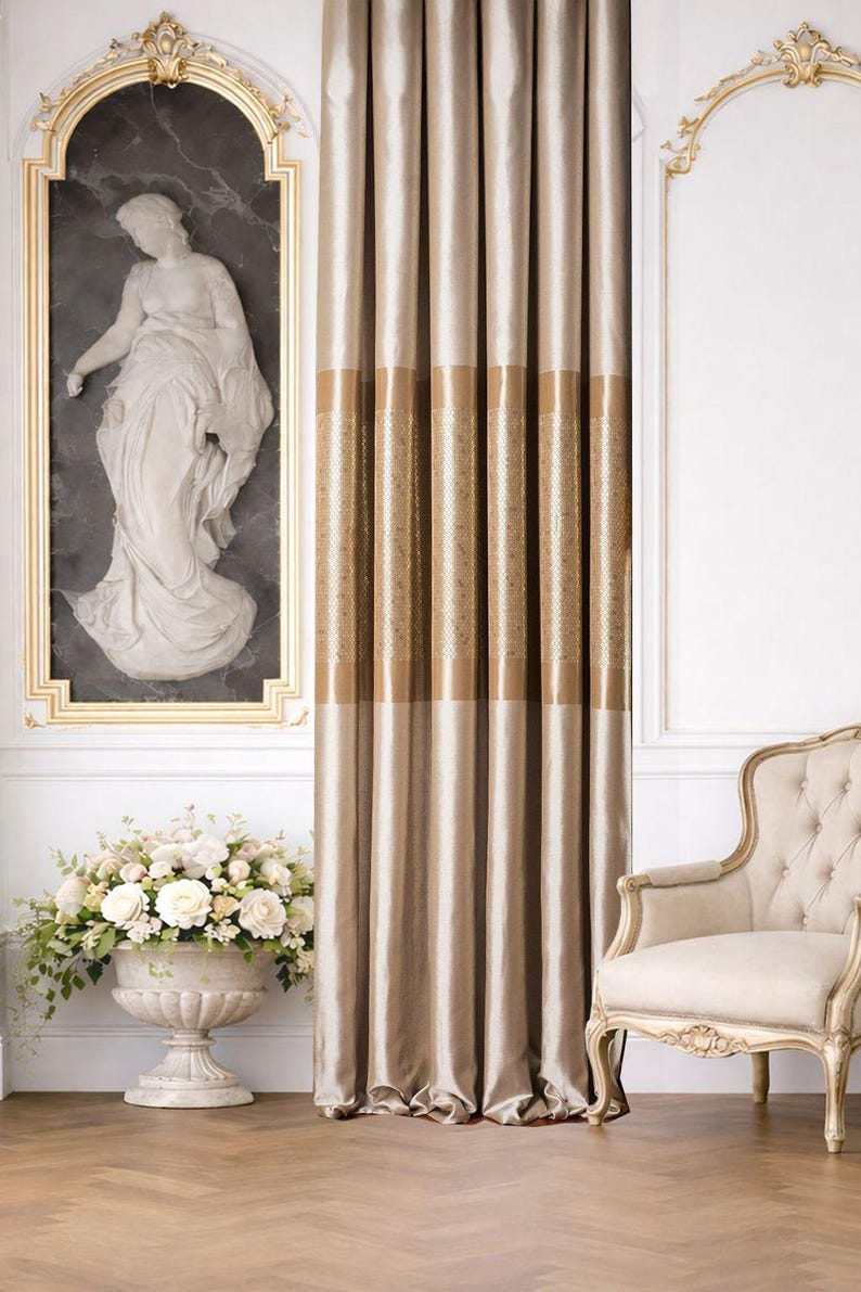 Cortinas color crema y dorado para sala de estar, cortinas de lujo con ...