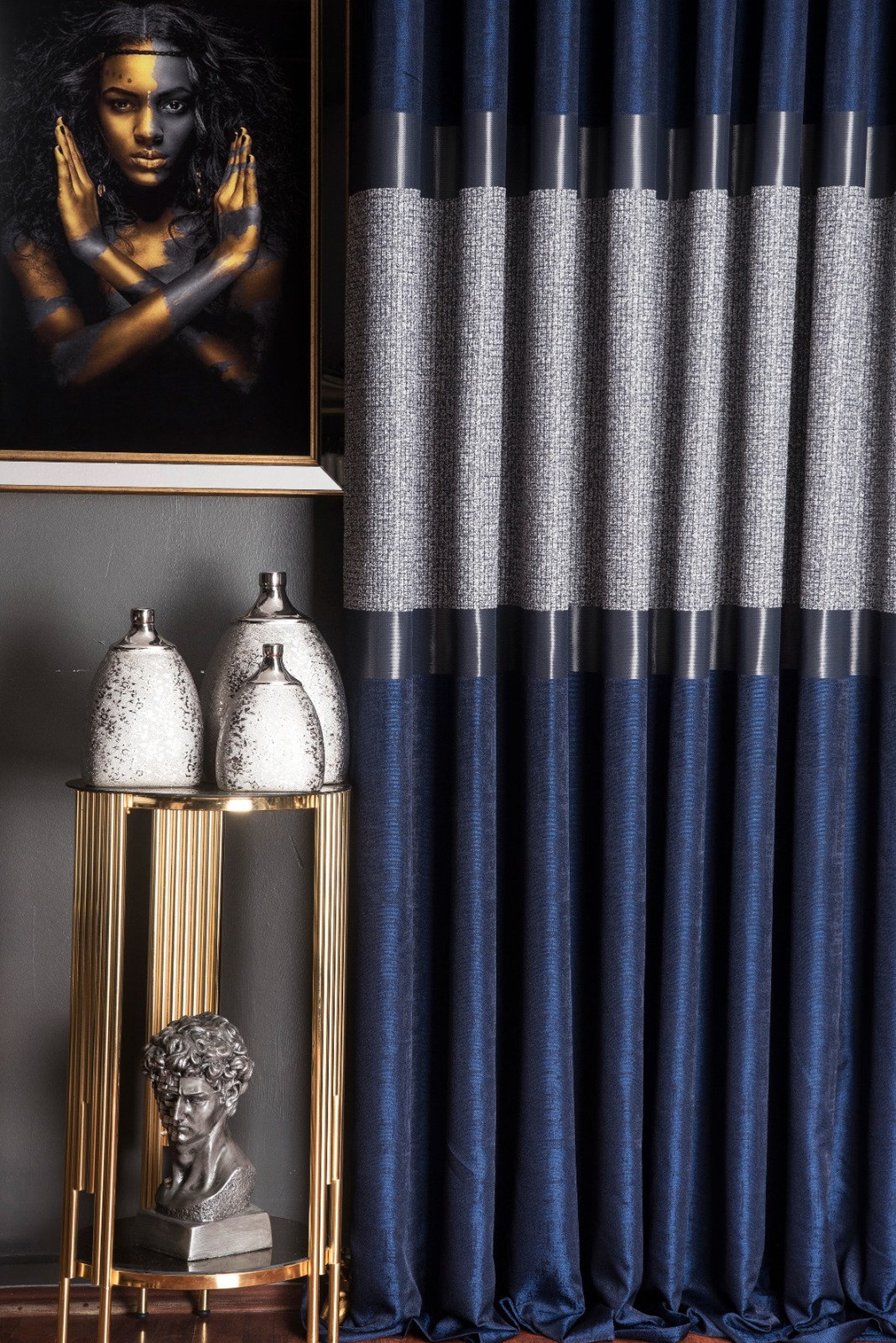 Luxury Navy Blue Gray Curtains for Livingroom Bedroom , Modern ...