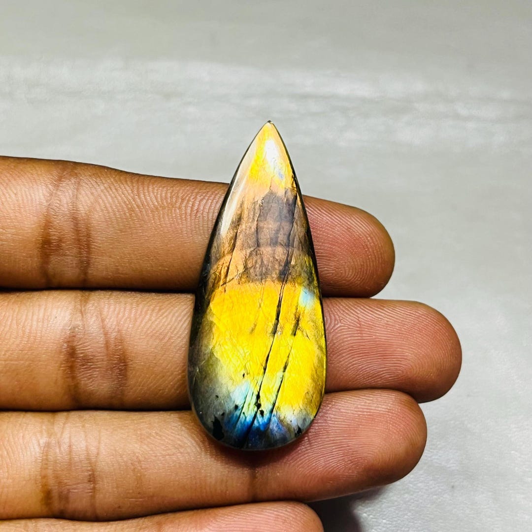 Yellow Fire Labradorite Pear Shape Gemstone Size - 48X20X5 Mm, Fire ...