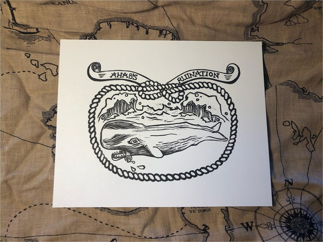 Ahab’s Ruination, Moby Dick Original Linocut Print, Sperm Whale, Herman ...