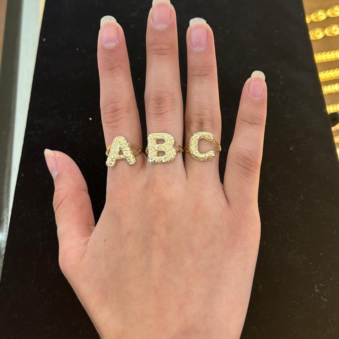 10k Gold Bubble Initial Letter Ring, Nugget Initials, Nugget Letter Ring, Yellow Gold Initial ...