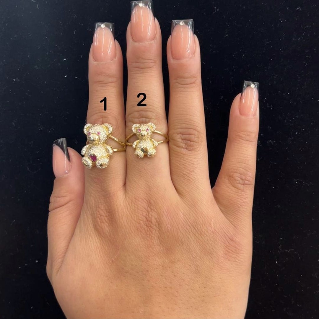 14k Gold Teddy Bear CZ Stone Ring, Women's Gold Ring, Gold Bear Ring ...