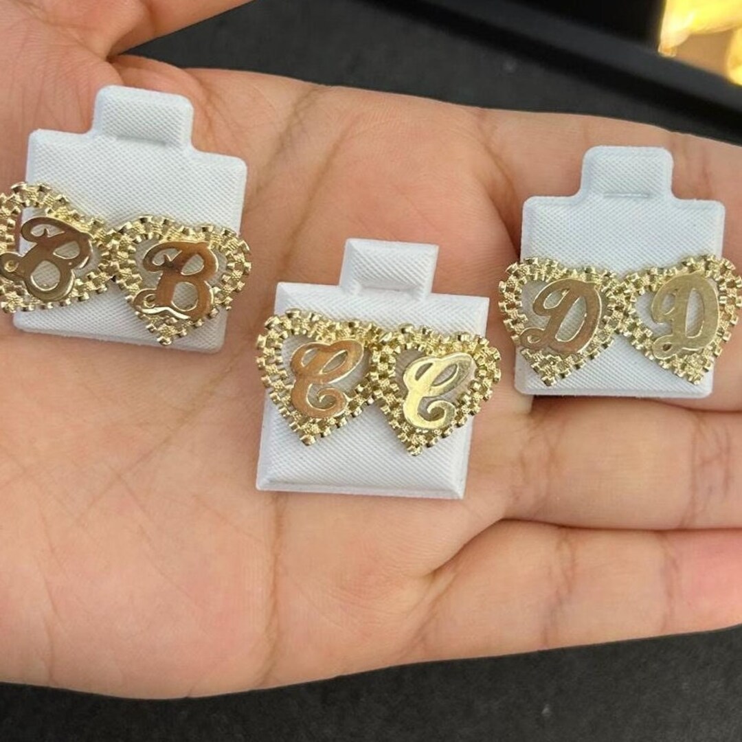 10k Yellow Gold Small Rolex Heart Initial Earrings, Letter Earring ...
