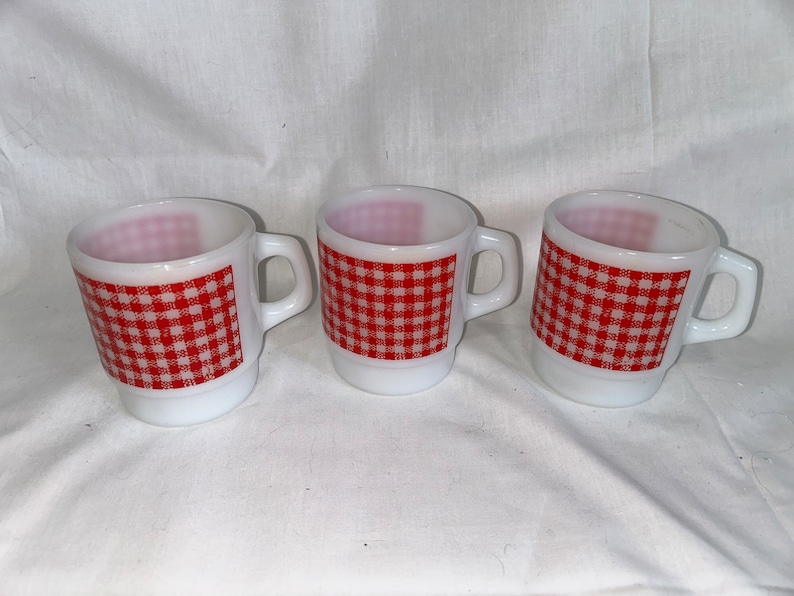 Set of 3 FIRE KING STACKING Mugs Red Gingham - Etsy