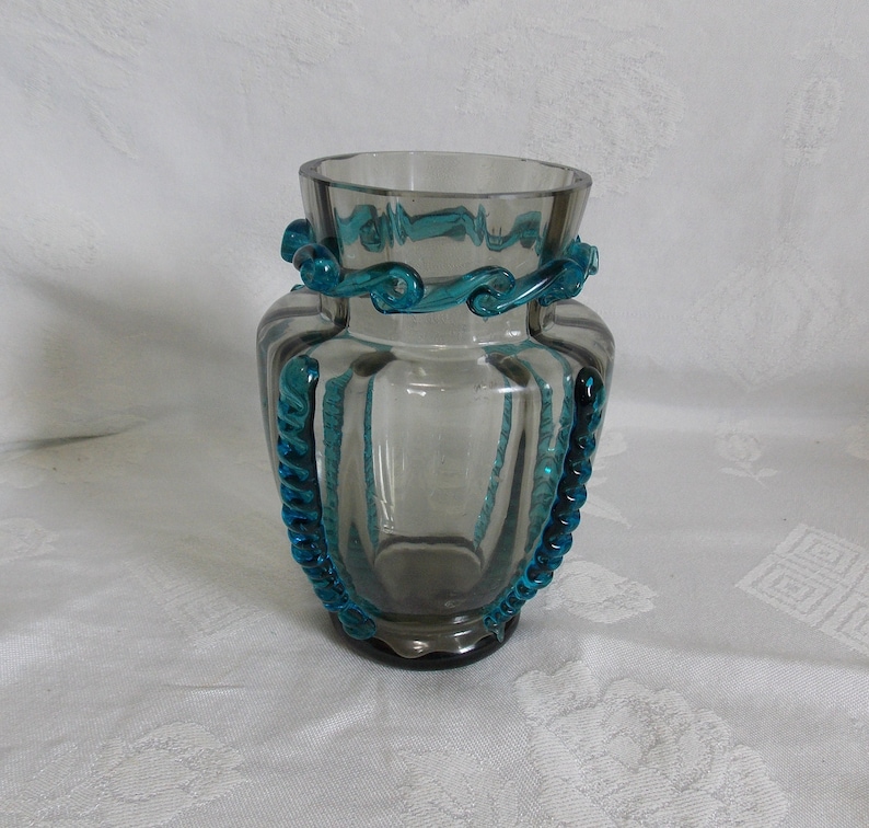 Antique SMOKED GLASS VASE With Applied Turquoise Blue Trim - Etsy