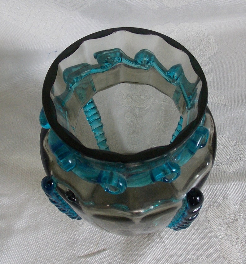 Antique SMOKED GLASS VASE With Applied Turquoise Blue Trim - Etsy