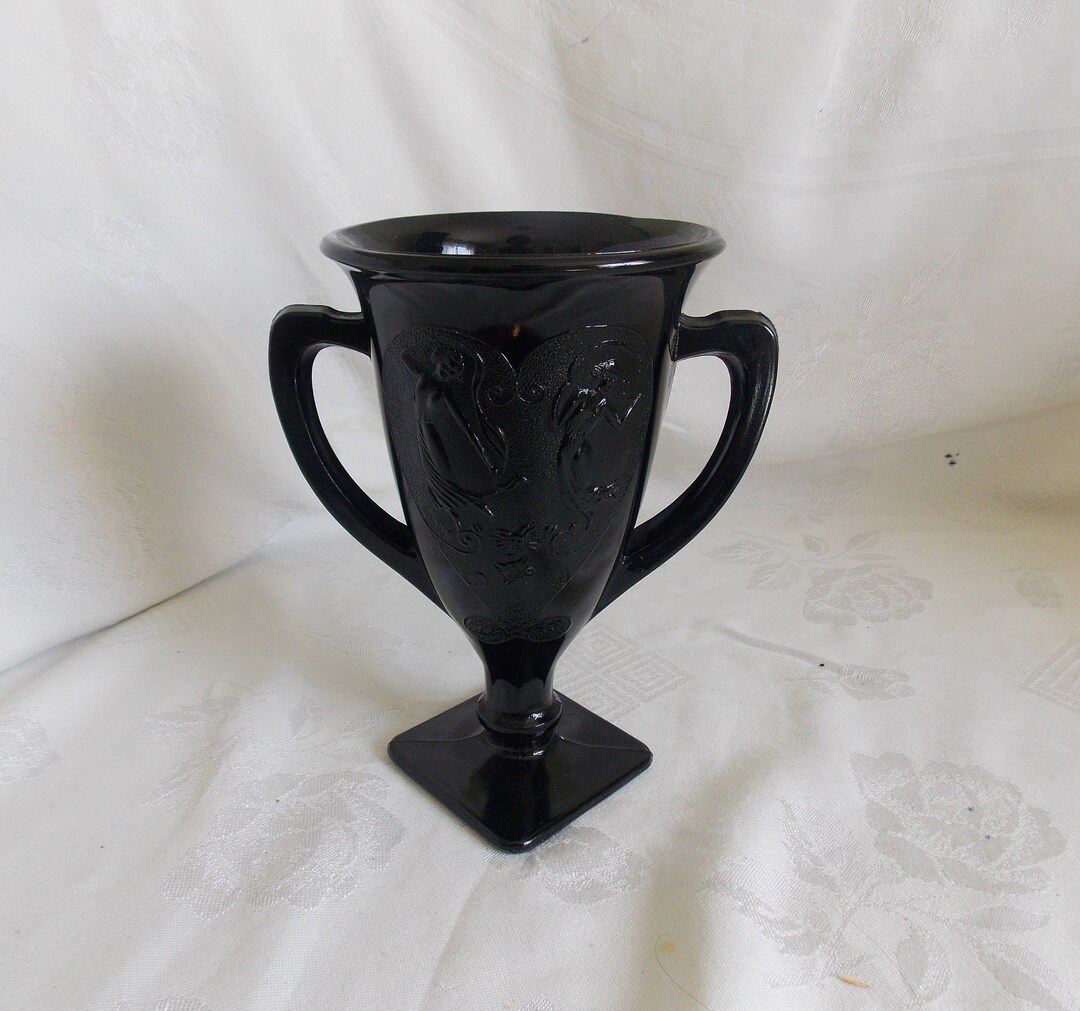Vintage LE SMITH BLACK Amethyst Dancing Nymphs Art Glass Vase Urn Shape ...