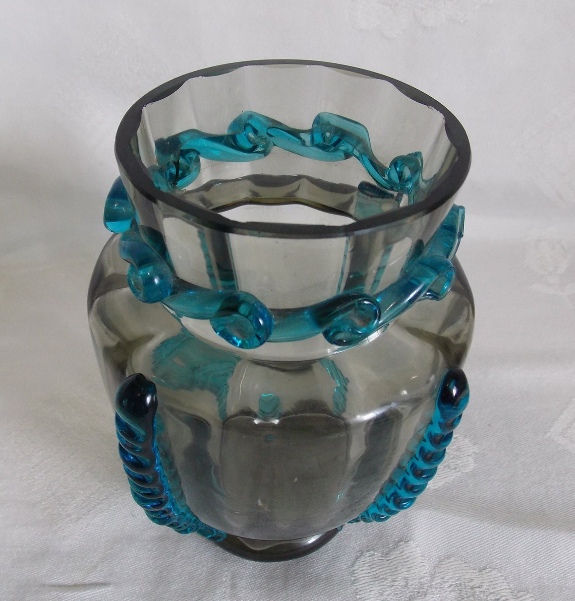 Antique SMOKED GLASS VASE With Applied Turquoise Blue Trim - Etsy