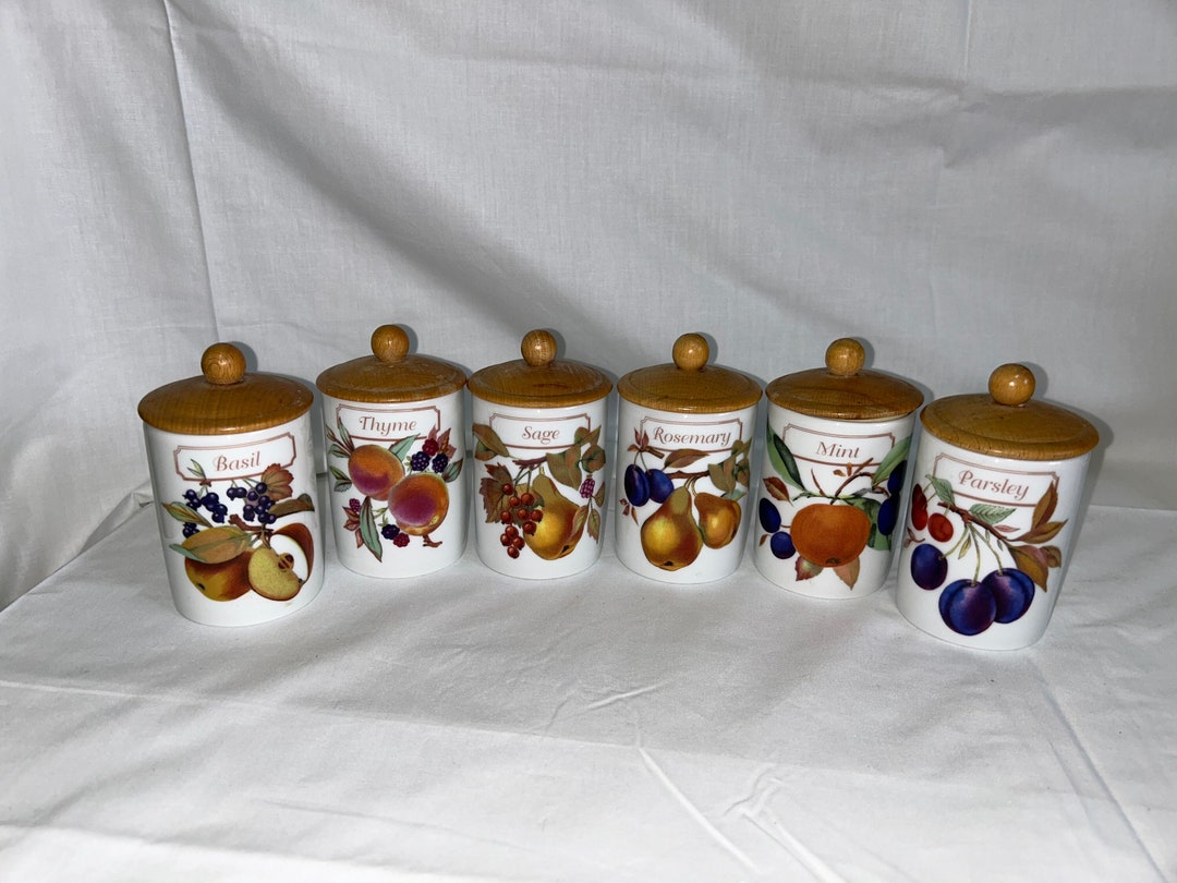 Set of 6 ROYAL WORCESTER SPICE Jars With Wooden Lids Parsley, Mint ...