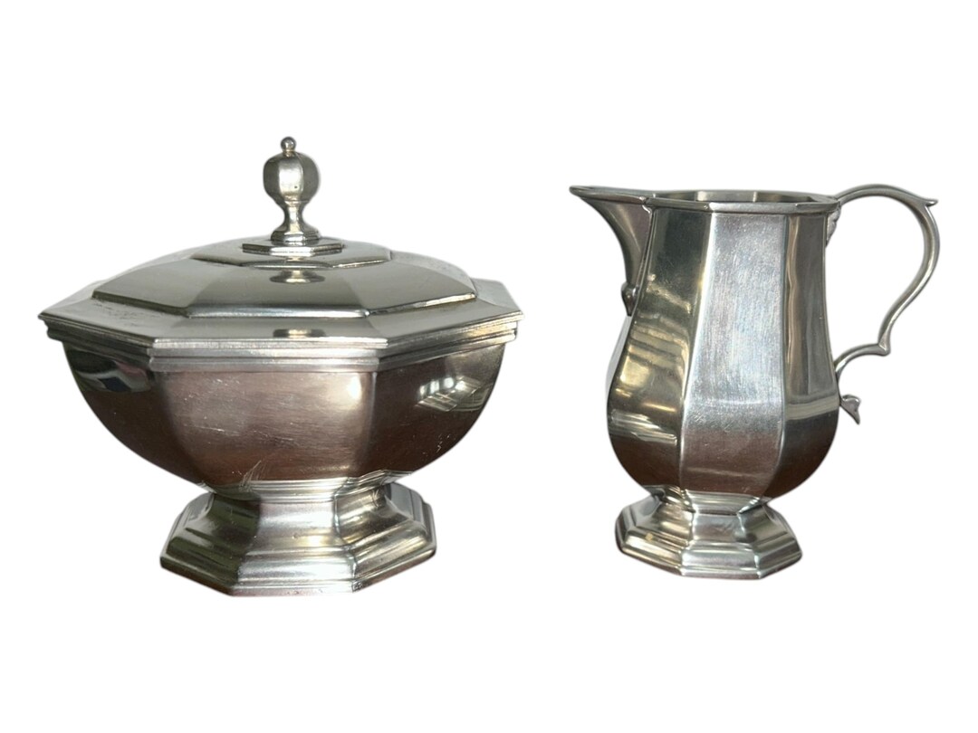 Williamsburg KIRK STIEFF PEWTER Octagonal Creamer & Covered Sugar Bowl ...