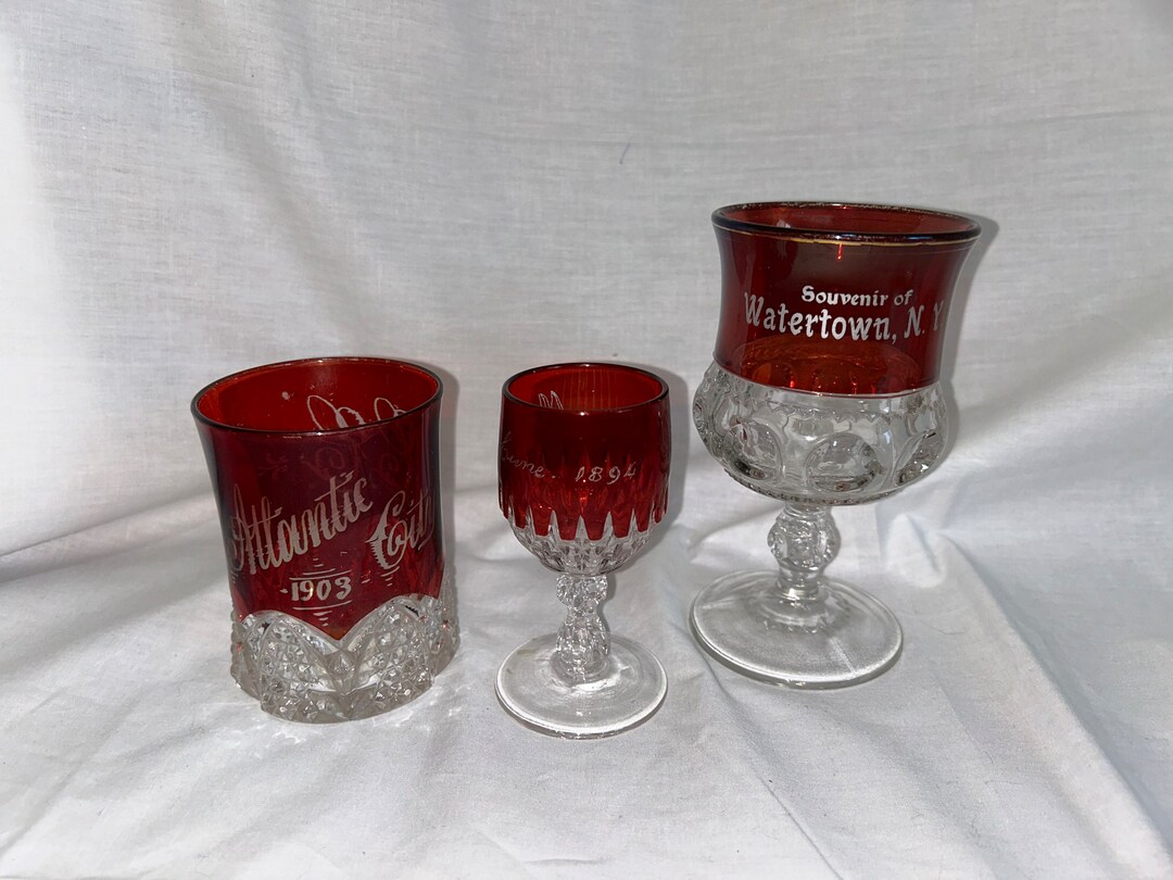 Antique RUBY FLASH Souvenir Glasses Drinkware Atlantic City, Watertown ...