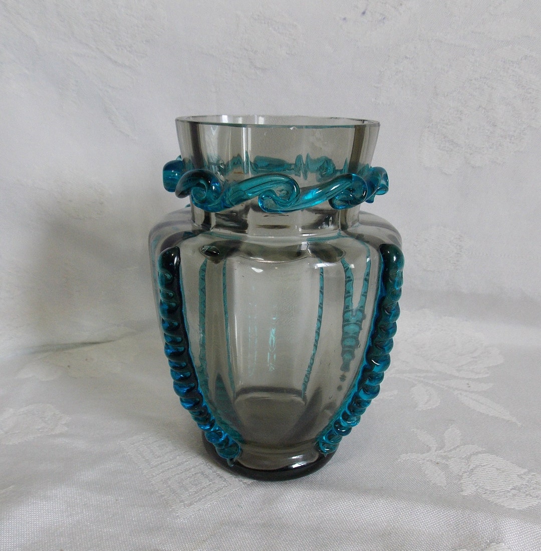 Antique SMOKED GLASS VASE With Applied Turquoise Blue Trim - Etsy