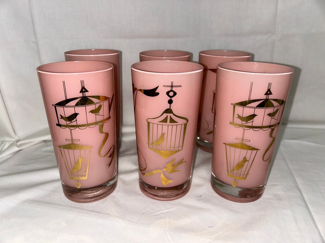 Set of 6 VINTAGE HELEN CONROY Pink & Gold Birdcage 10 Oz Tumblers ...