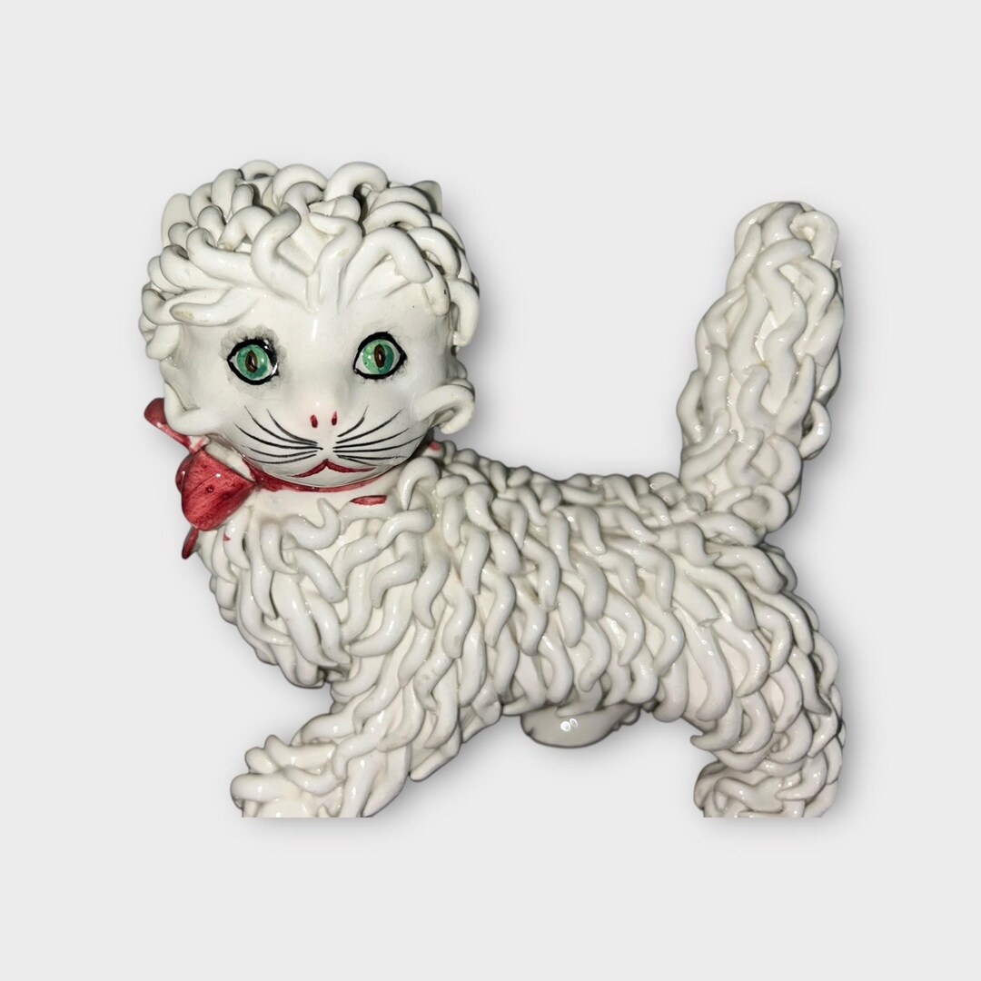 Vintage Art Pottery ITALIAN SPAGHETTI CAT White With Green Eyes & Red ...