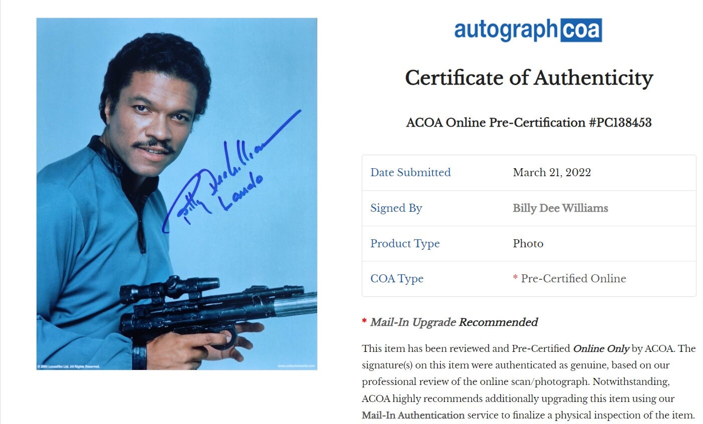 Billy Dee Williams Lando Star Wars Actor Custom Framed Signed Photo ...