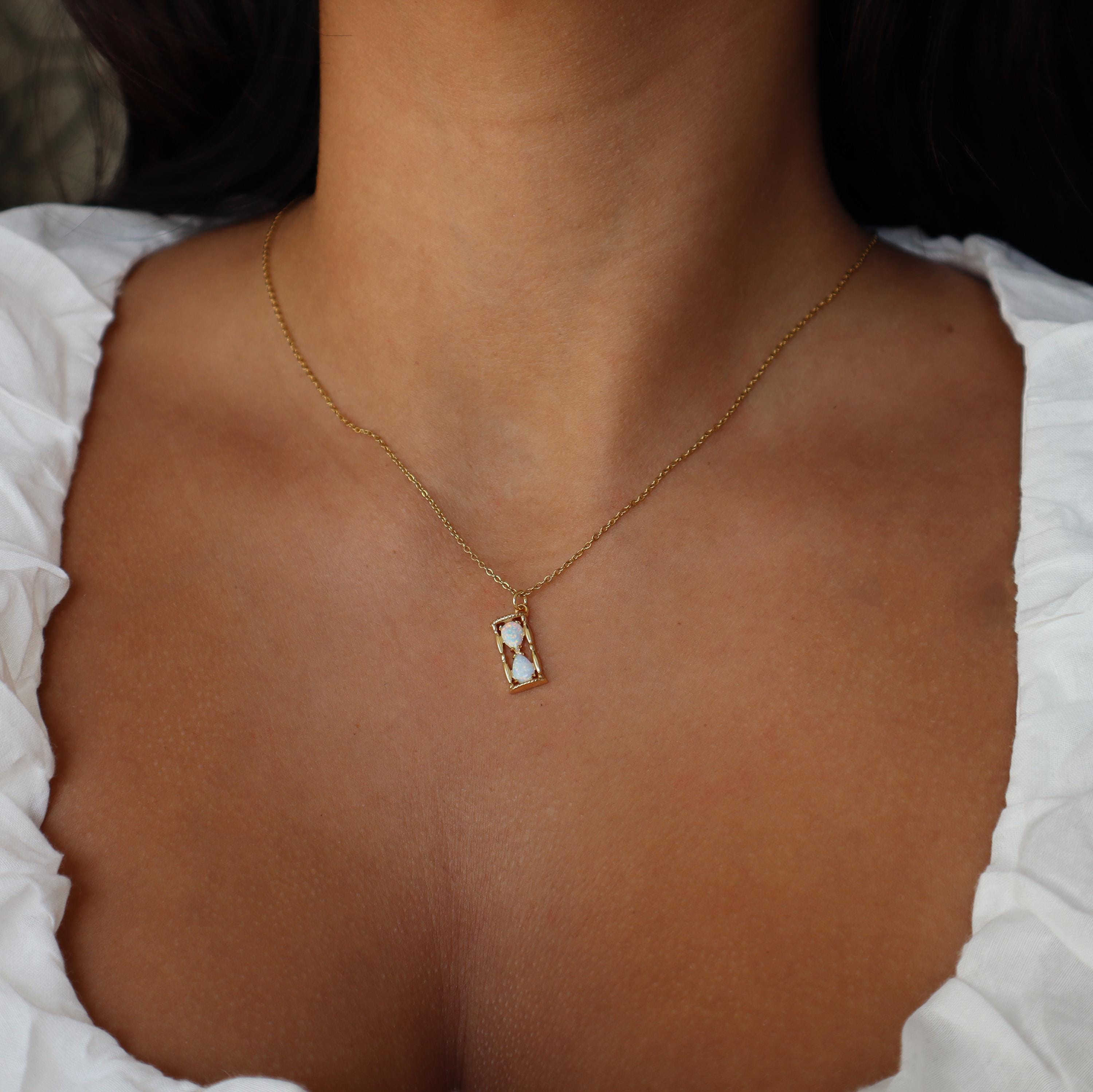 Dainty Hourglass Necklace With Opal Charm – 14K Gold Layering Jewelry ...