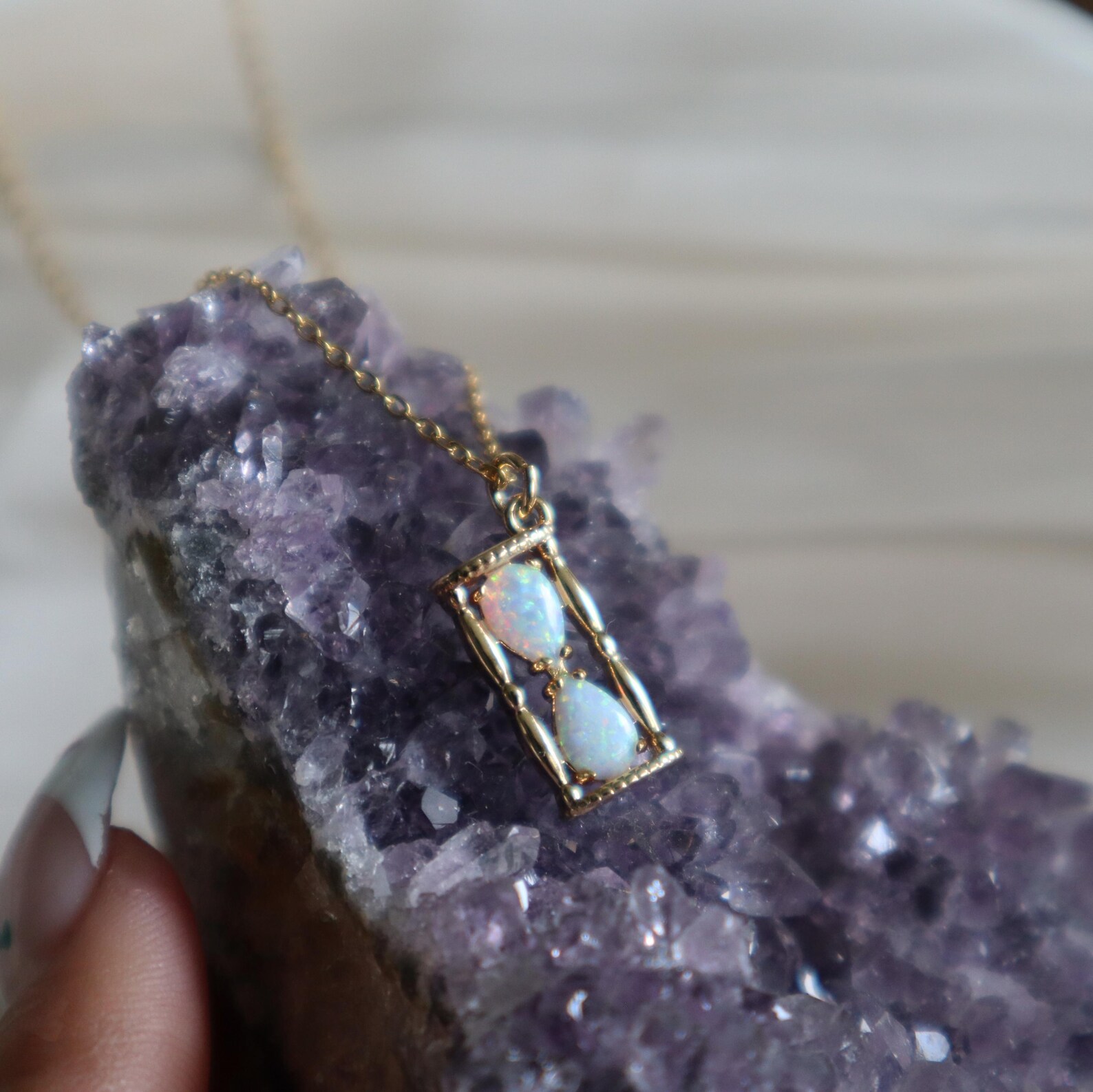 Dainty Hourglass Necklace With Opal Charm – 14K Gold Layering Jewelry ...