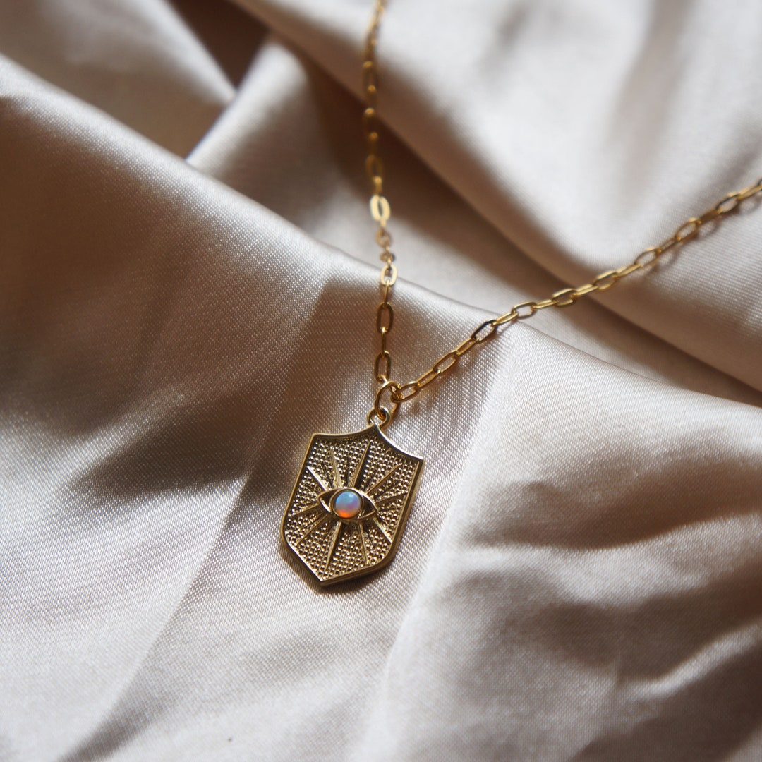 14k Gold Evil Eye Shield Necklace With Lab Created Opal – Fantasy ...