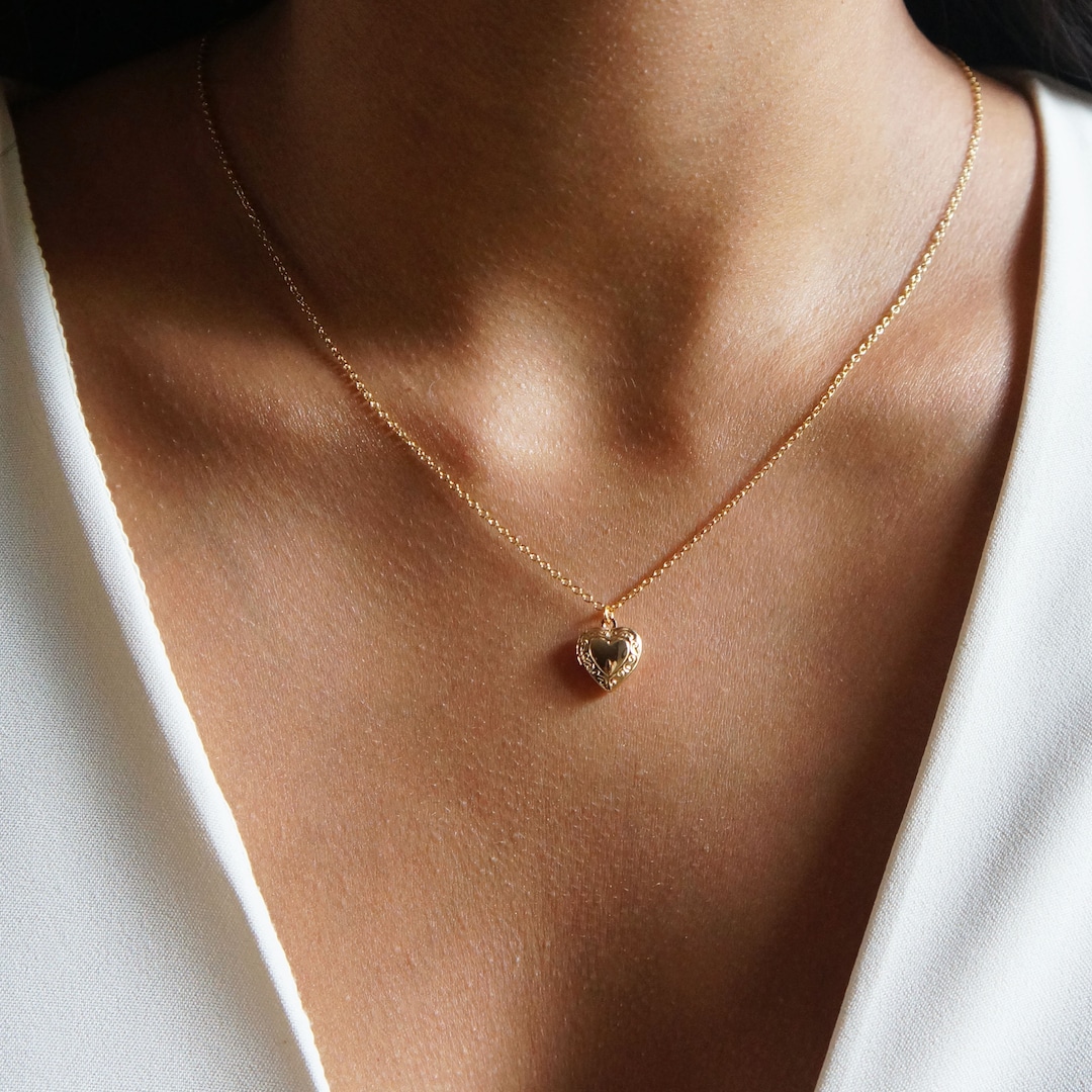 Small Heart Locket Necklace - 14K Gold Charm Necklace - Heart Locket ...